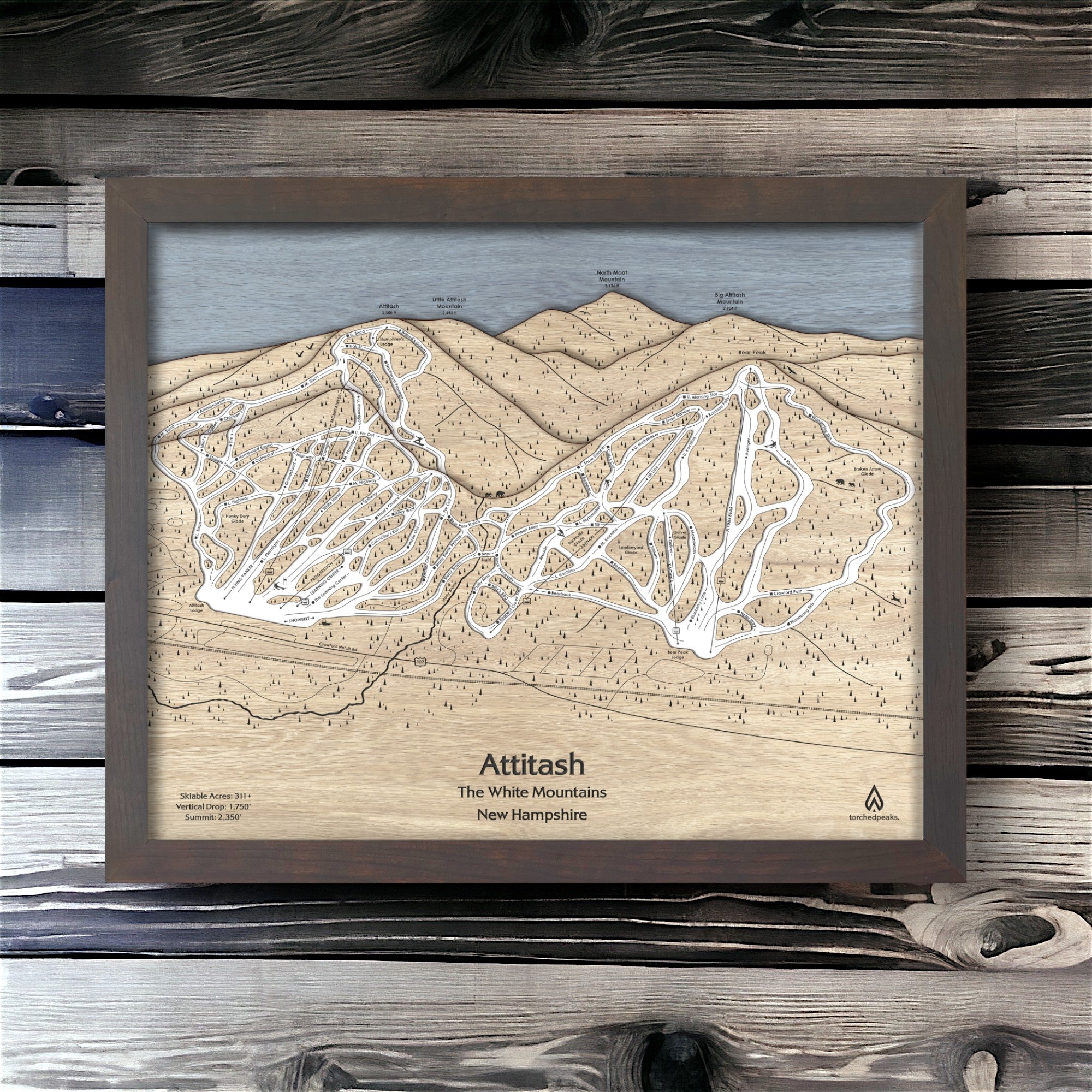 Attitash Mountain, NH Wooden Ski Trail Map | 3D Ski Map Art