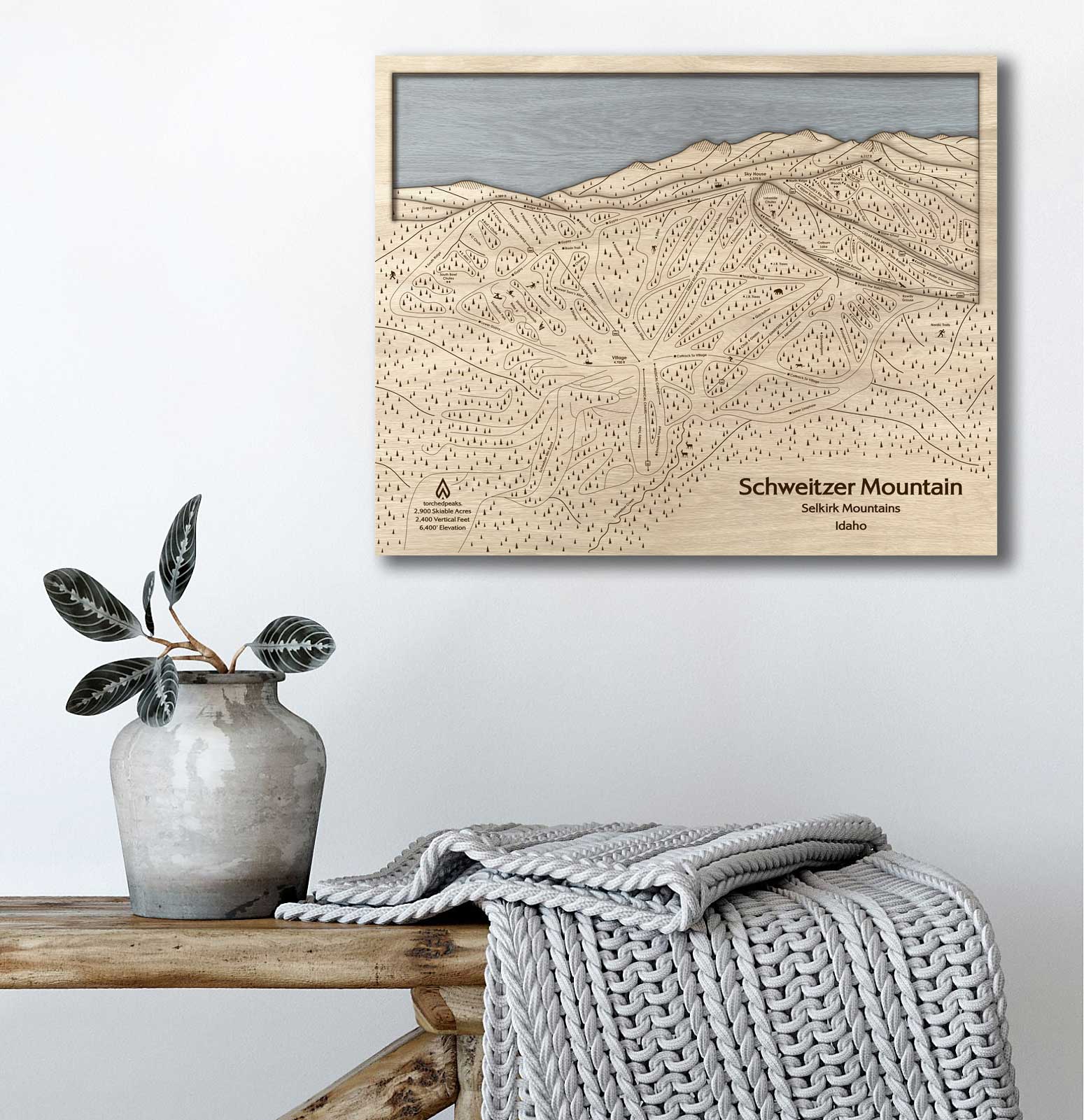 Schweitzer Mountain, ID Ski Trail Map Art | 3D Wood Mountain Décor