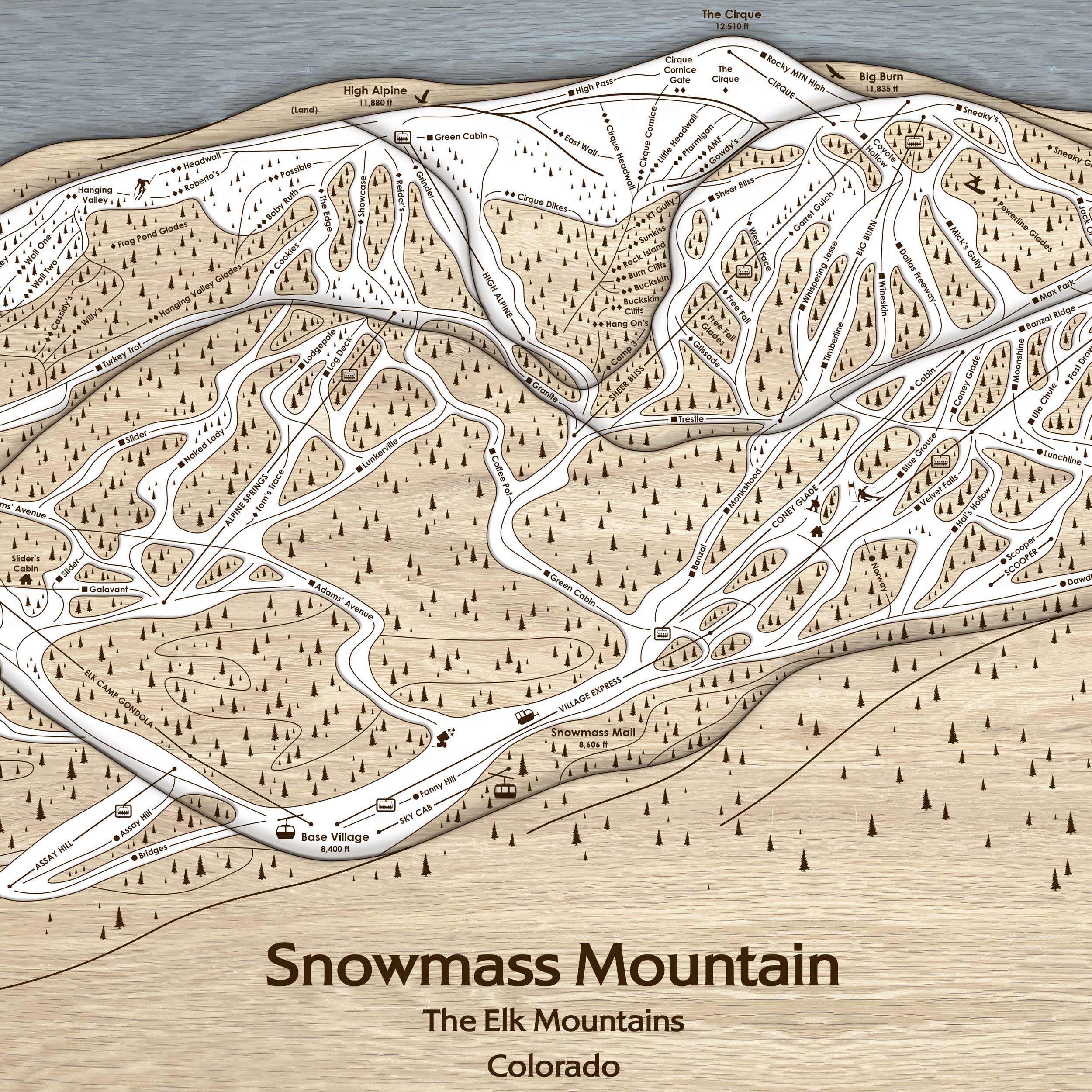 Snowmass Mountain, CO Ski Trail Map Art | 3D Wood Ski Resort Art