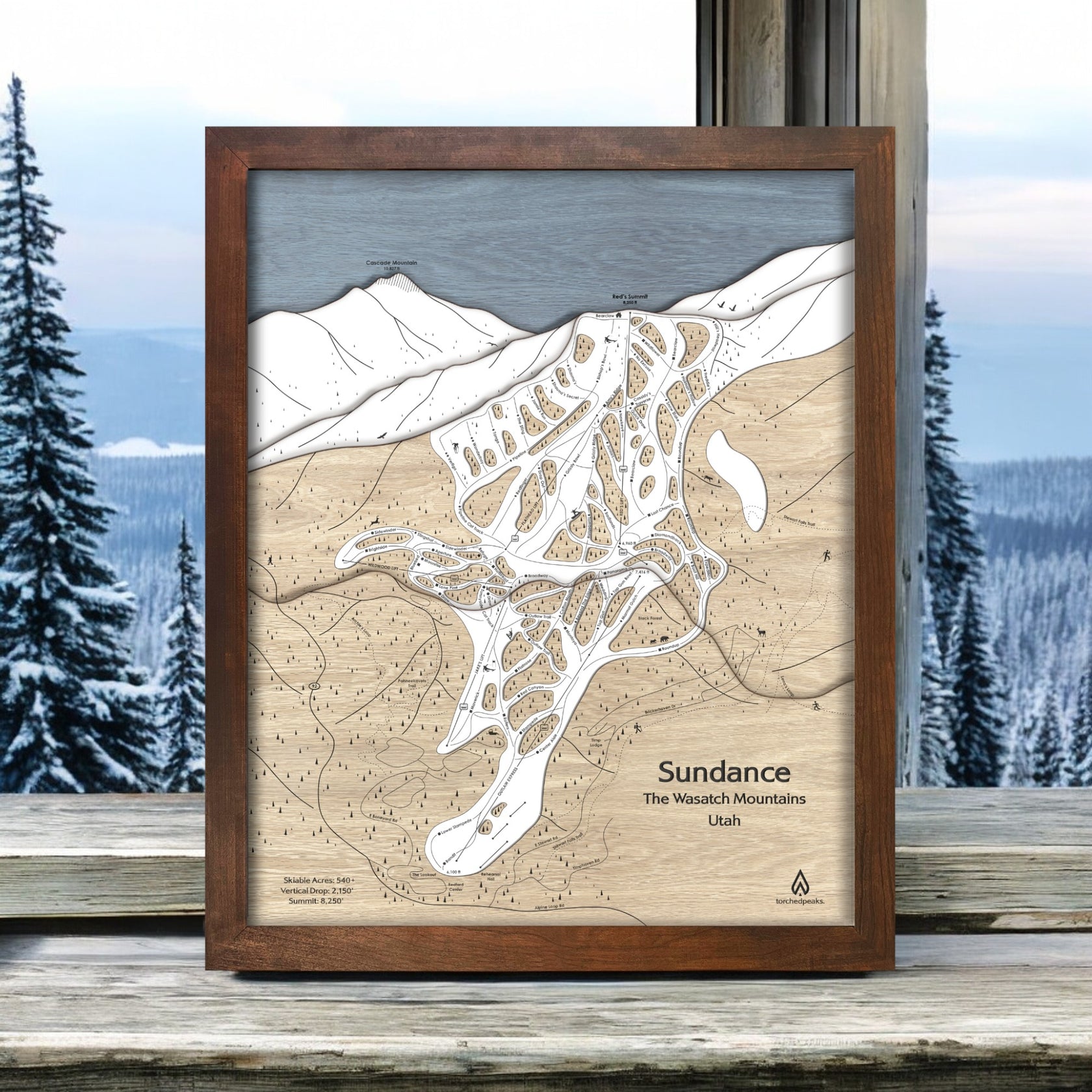 Sundance Mountain, UT Wood Ski Trail Map | 3D Mountain Art