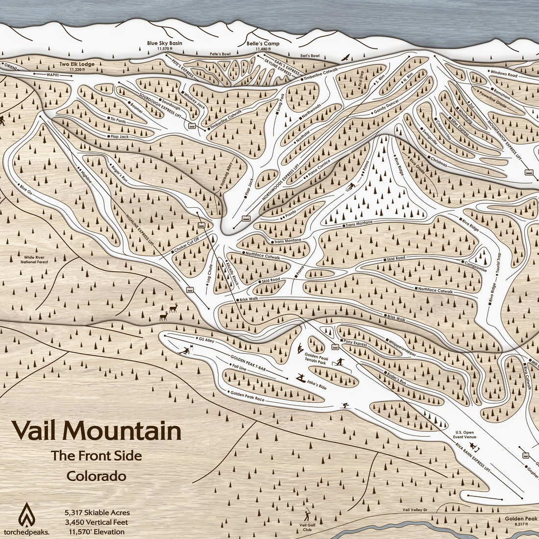 Vail, CO Ski Trail Map Art | Panoramic Wood Skiing Art