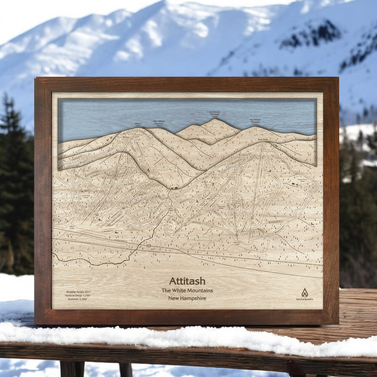 Wooden Attitash Mountain Ski Trail Map | 3D Wood Ski Resort Art