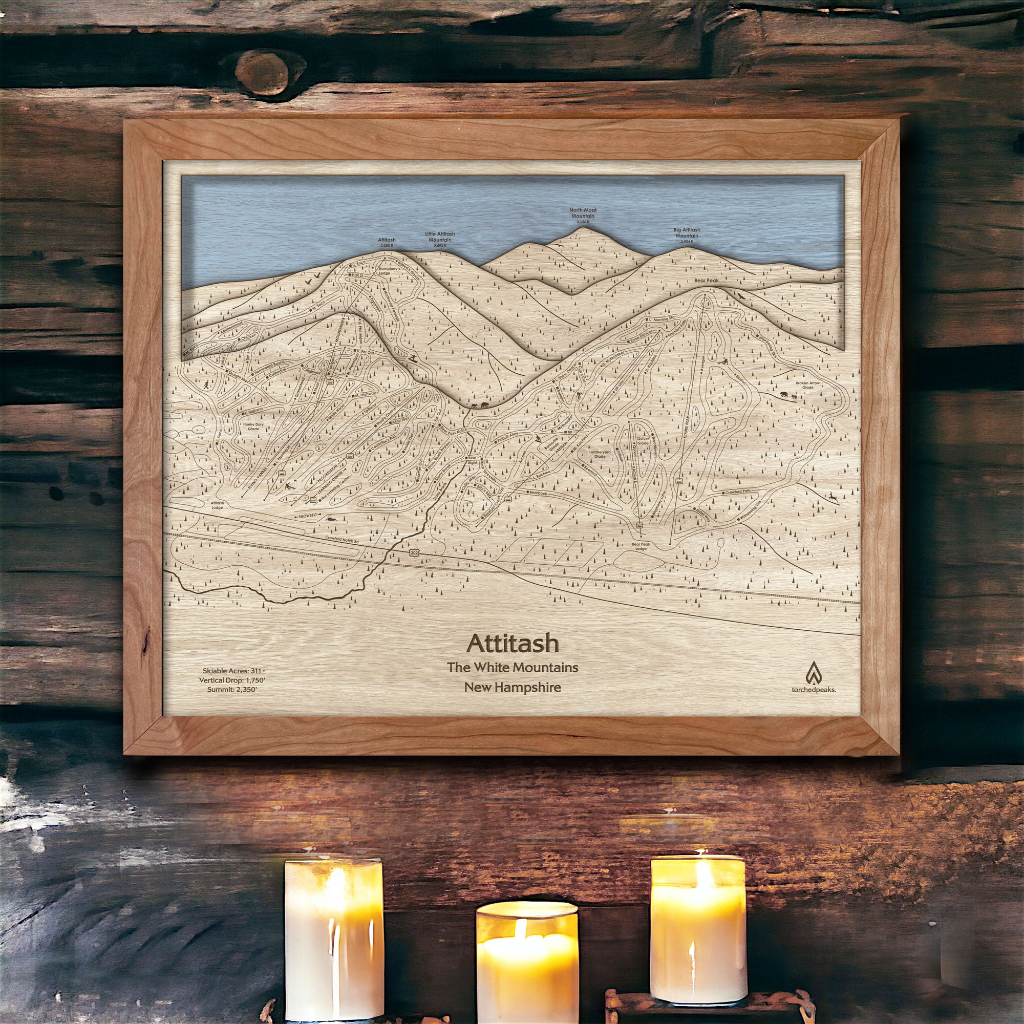Wooden Attitash Mountain Ski Trail Map | 3D Wood Ski Resort Art