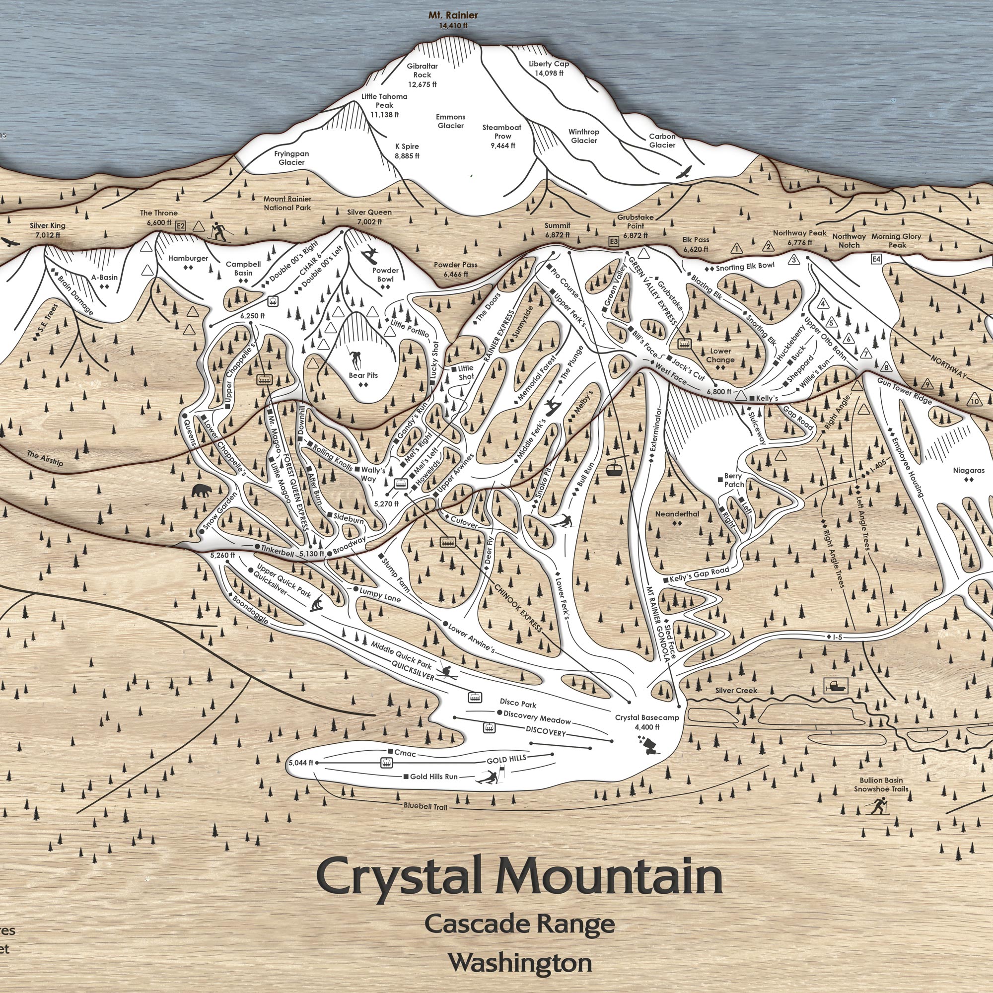 Crystal Mountain, WA Ski Trail Map | 3D Wood Ski Resort Map Art