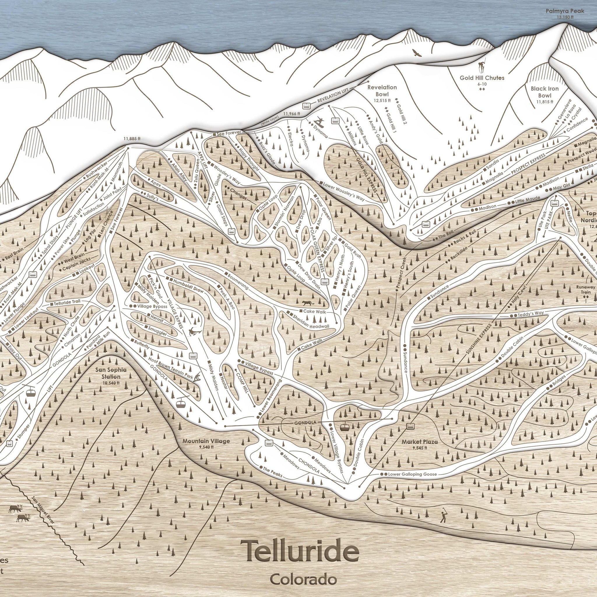 Telluride, CO Ski Trail Map Art | Handcrafted Wood Mountain Art