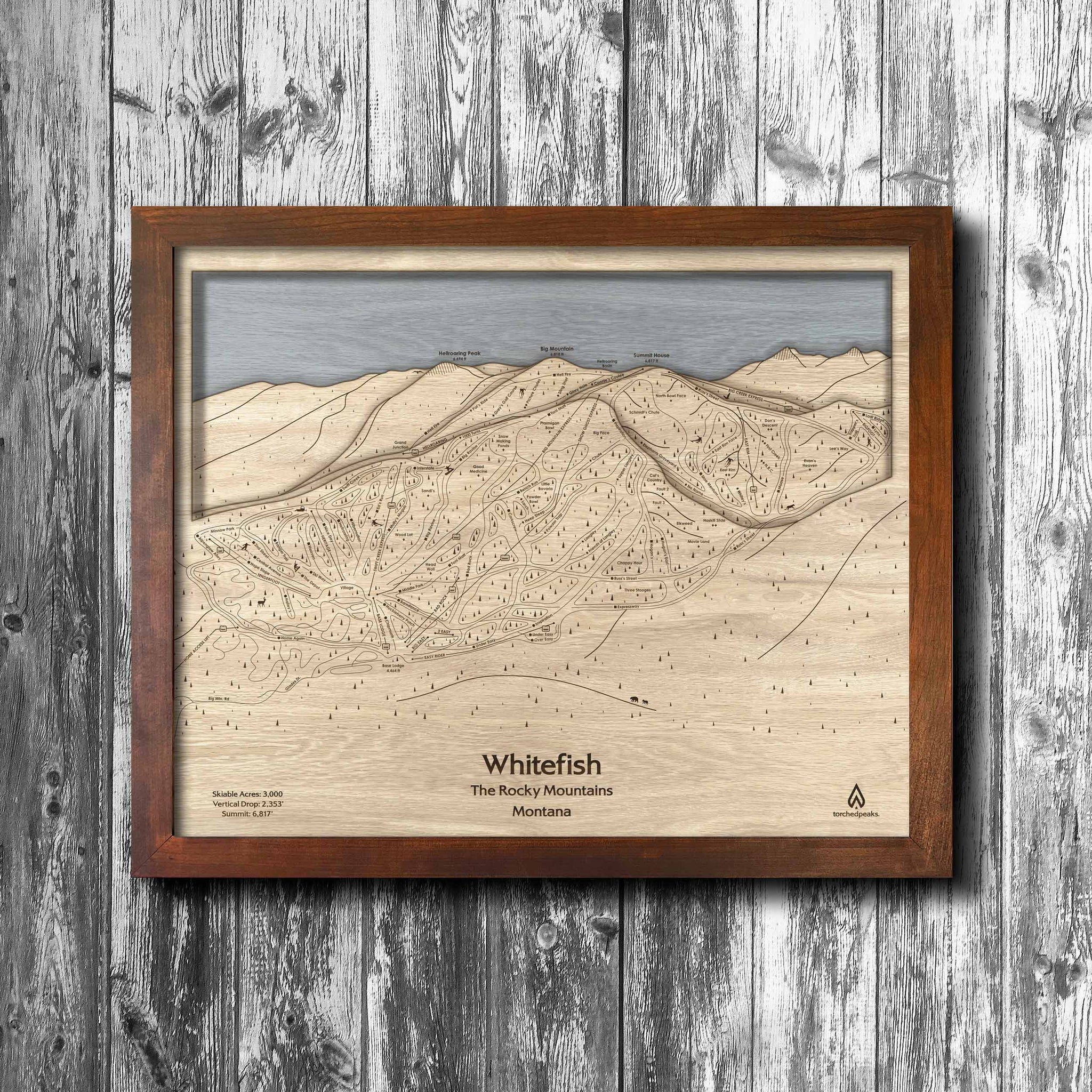 Wooden Whitefish, Montana Ski Trail Map Art | 3D Ski Resort Art
