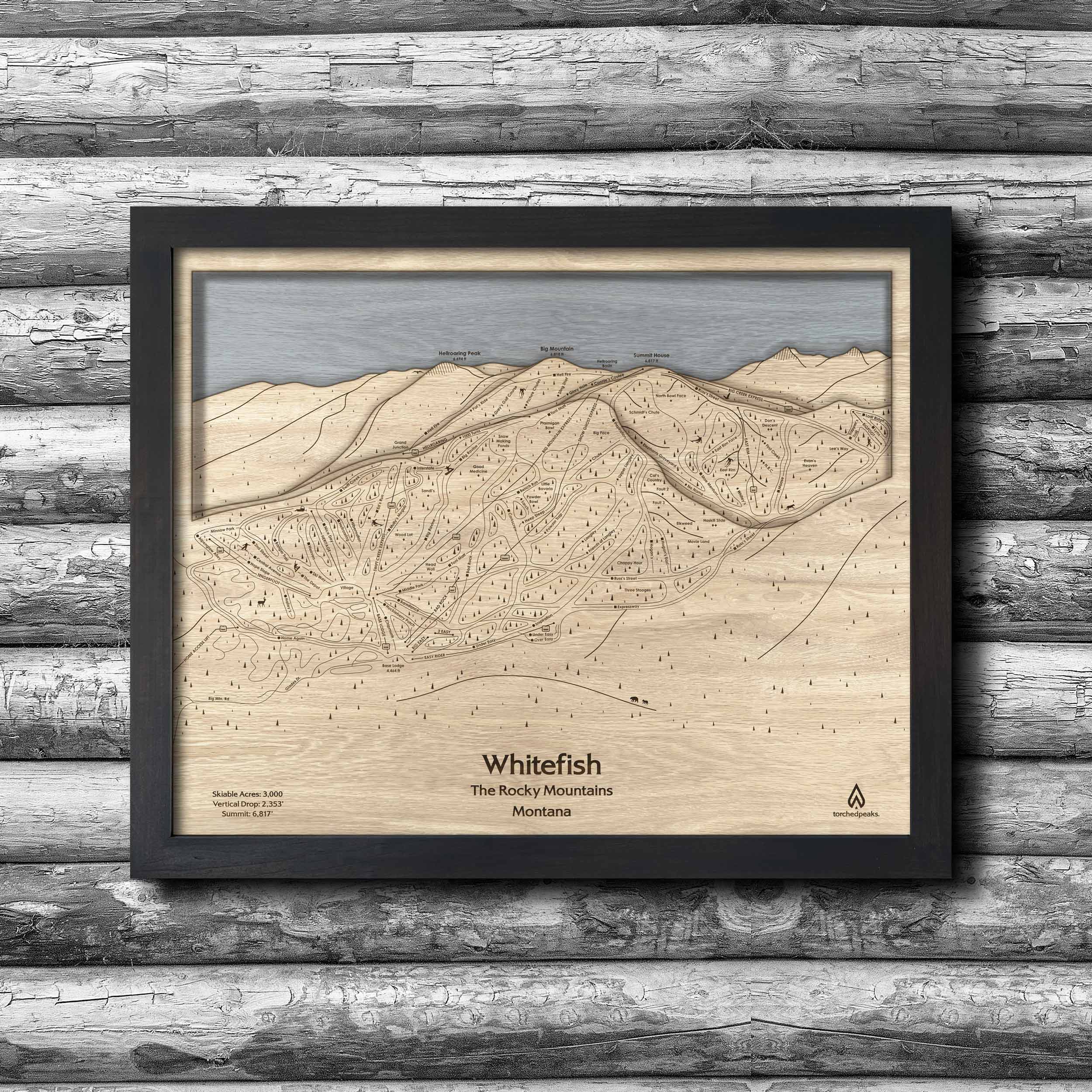 Wooden Whitefish, Montana Ski Trail Map Art | 3D Ski Resort Art