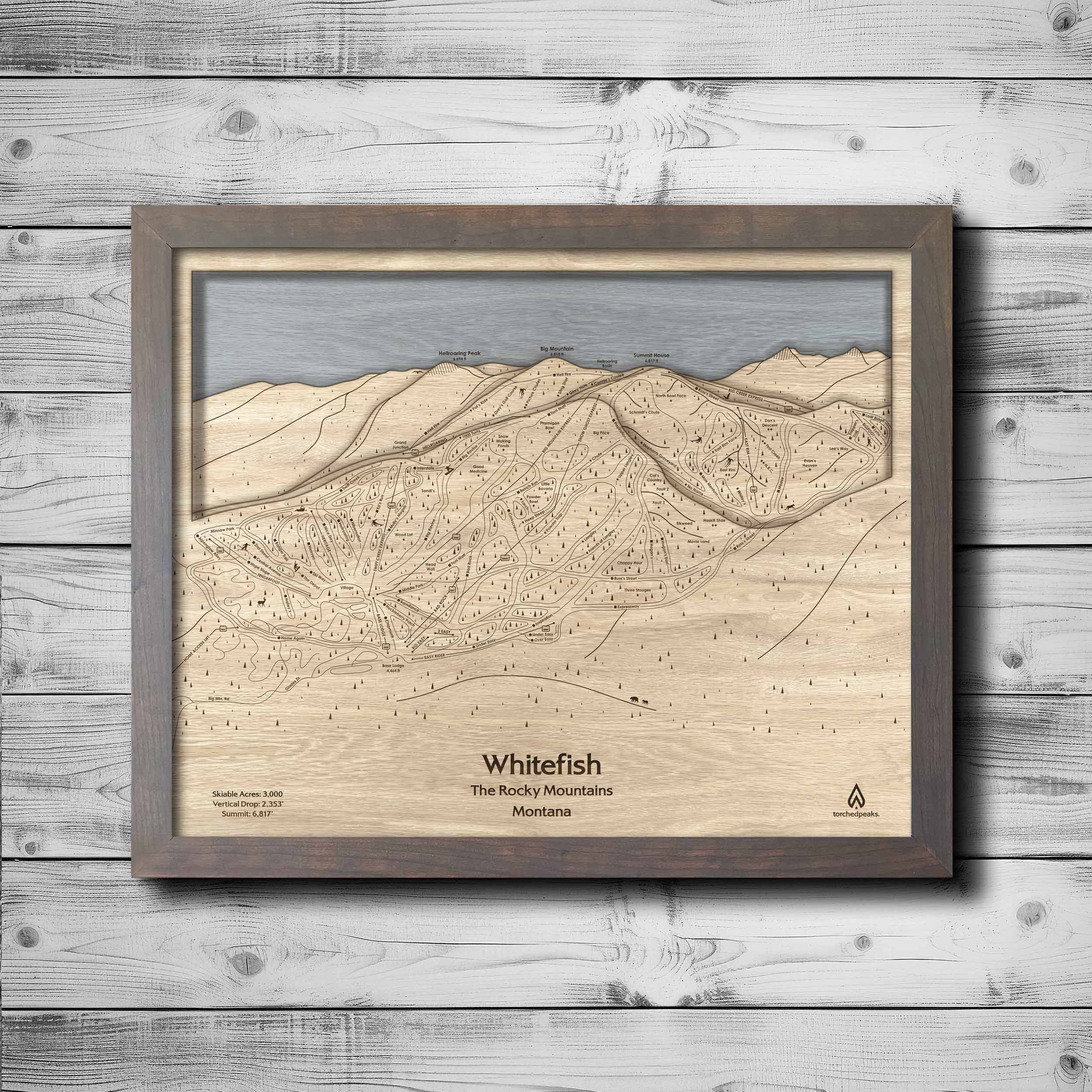 Wooden Whitefish, Montana Ski Trail Map Art | 3D Ski Resort Art