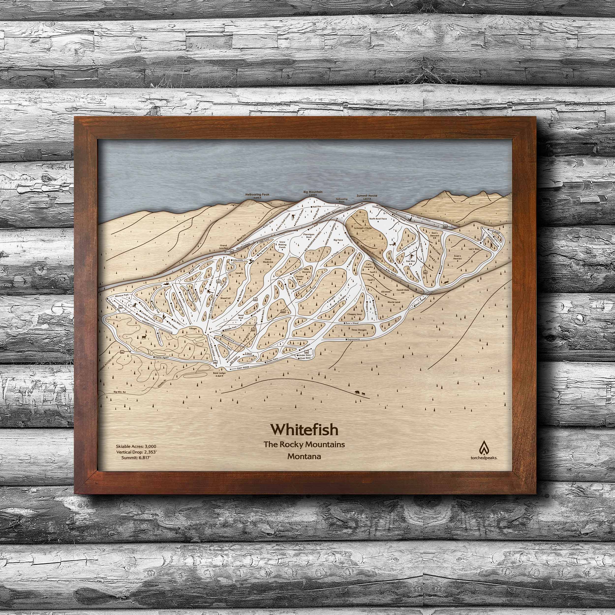 Whitefish, MT Ski Trail Map | 3D Wood Mountain Art