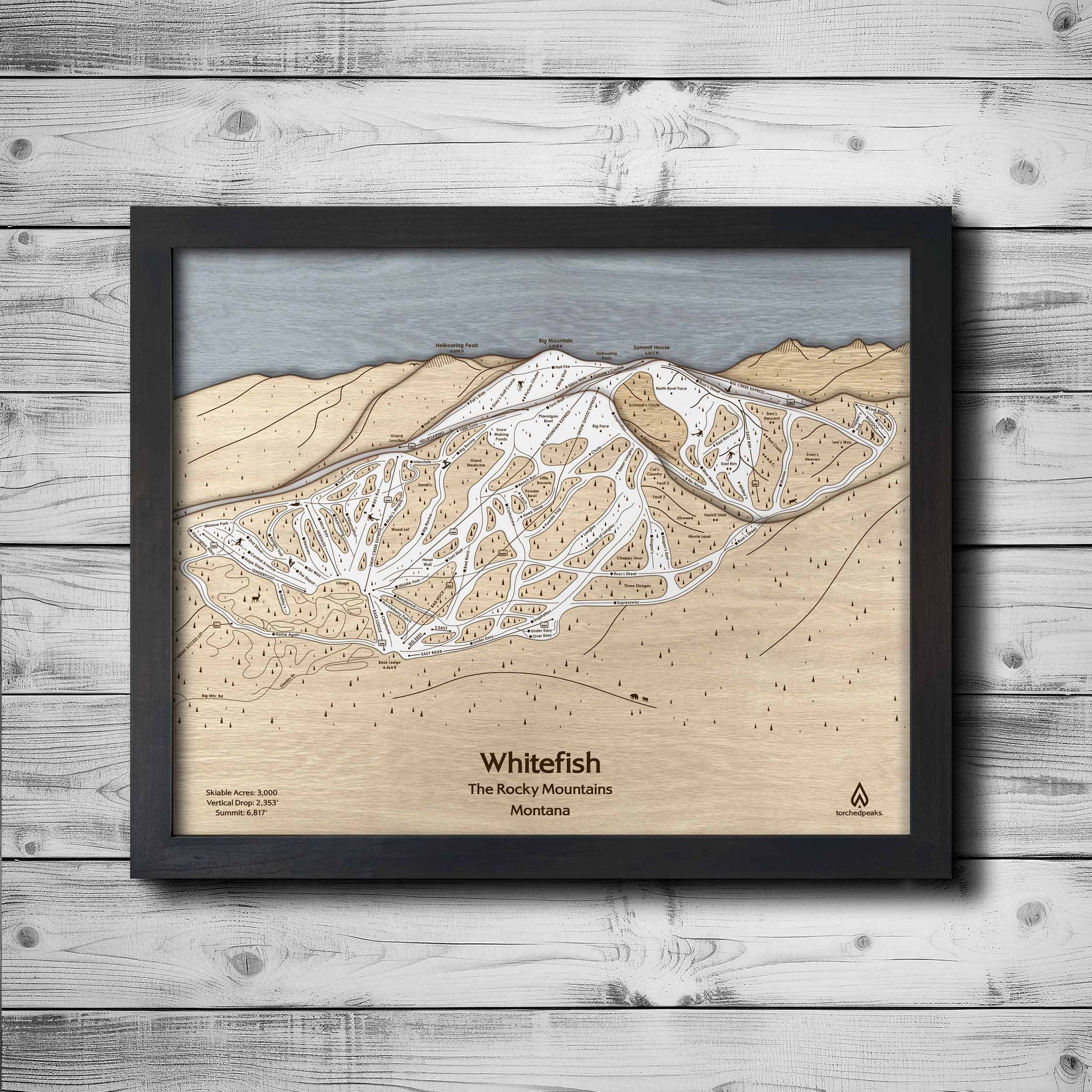 Whitefish, MT Ski Trail Map | 3D Wood Mountain Art
