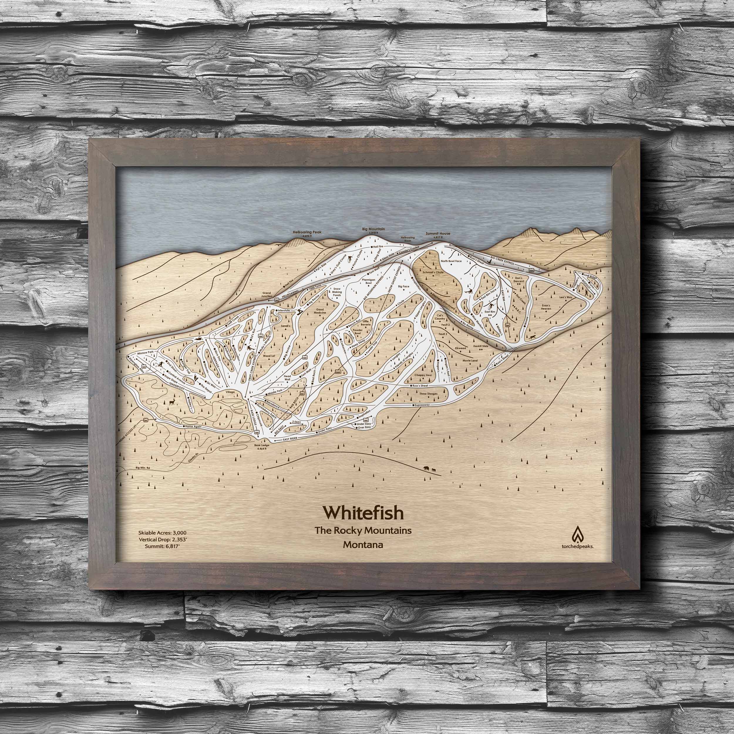 Whitefish, MT Ski Trail Map | 3D Wood Mountain Art